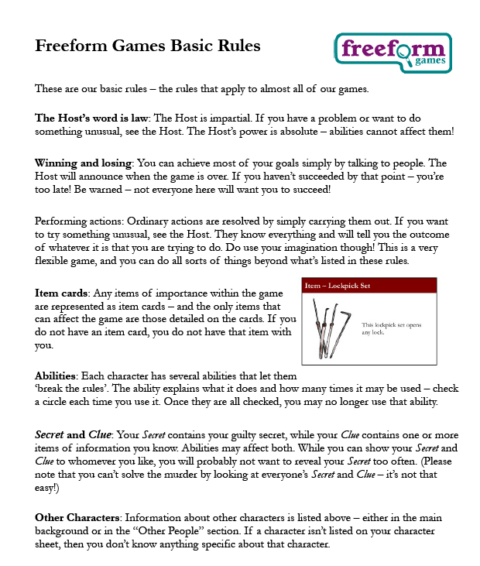 Rules for Freeform Games murder mystery games - Freeform Games LLP