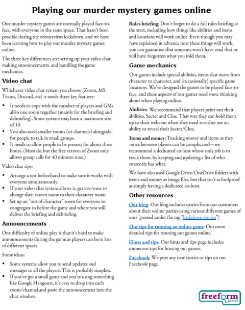 Rules for Freeform Games murder mystery games - Freeform Games LLP